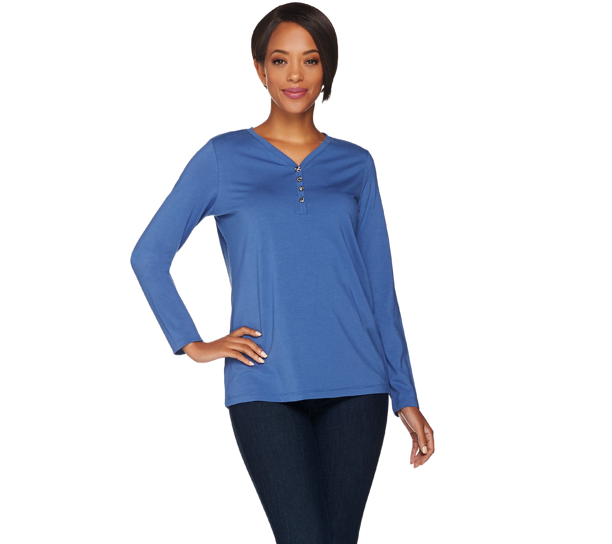 Susan Graver Weekend Stretch Cotton Modal Top With Novelty Buttons
