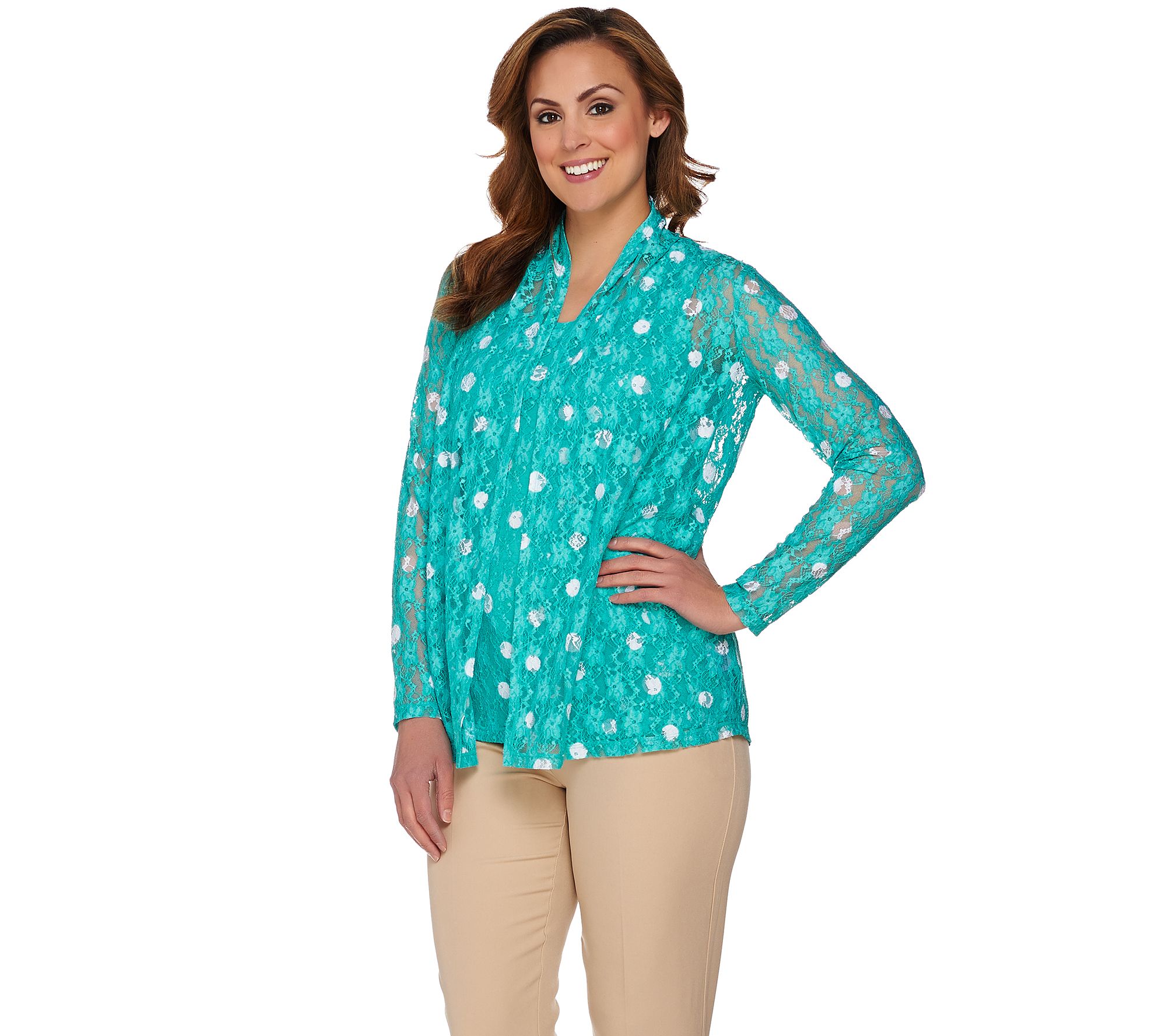 Susan Graver Polka Dot Stretch Lace Cardigan Set Page 1 —