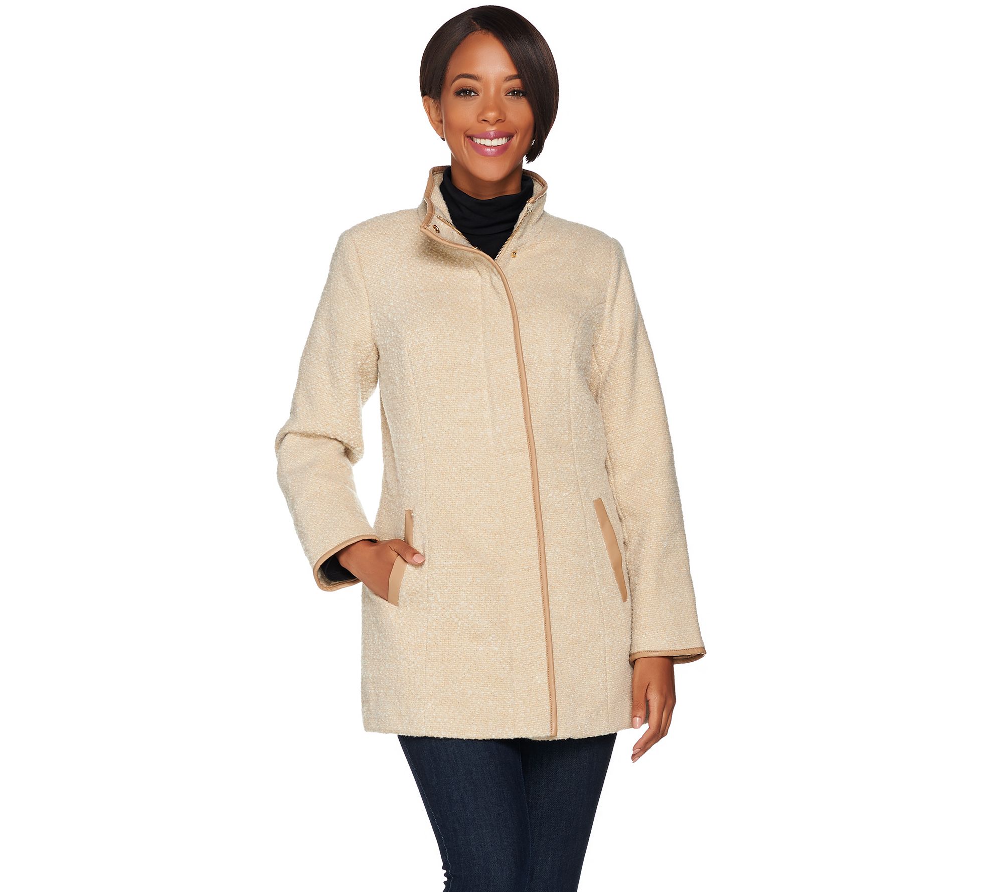 As Is Dennis Basso Tweed Coat With Faux Leather Trim —