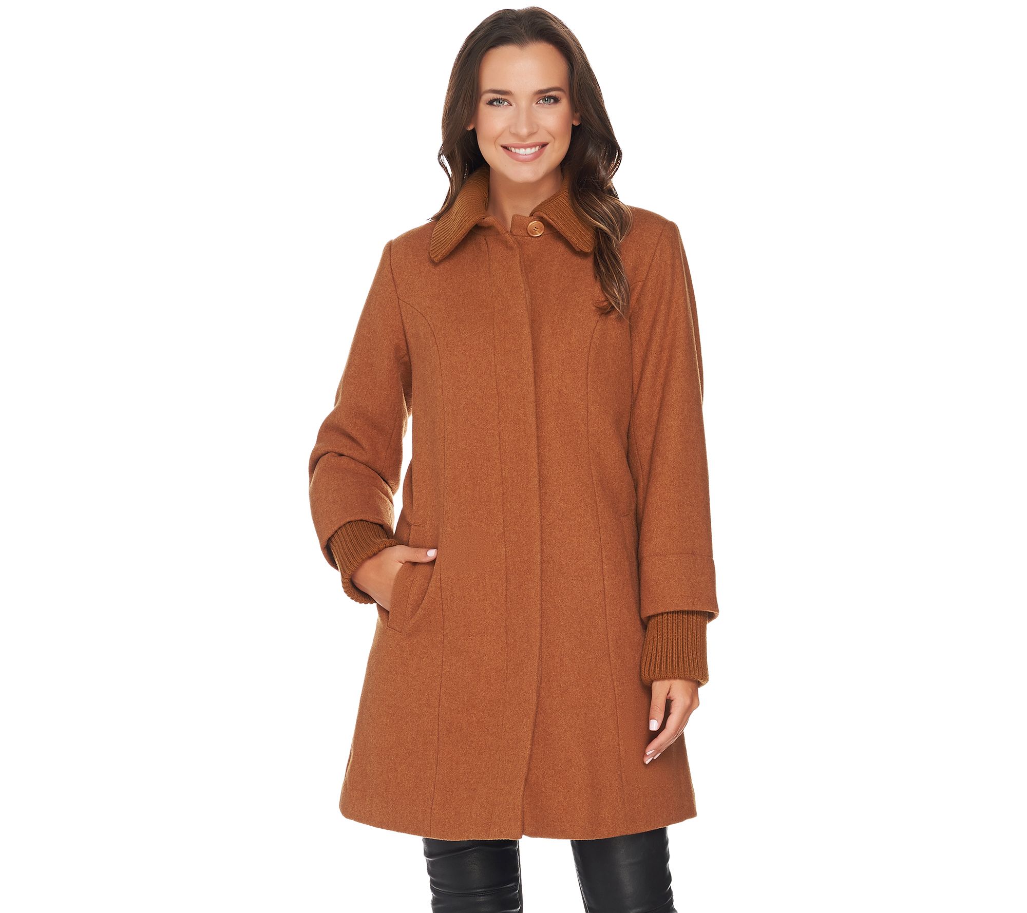 As Is Dennis Basso Wool Blend Coat With Sweater Knit Trim —