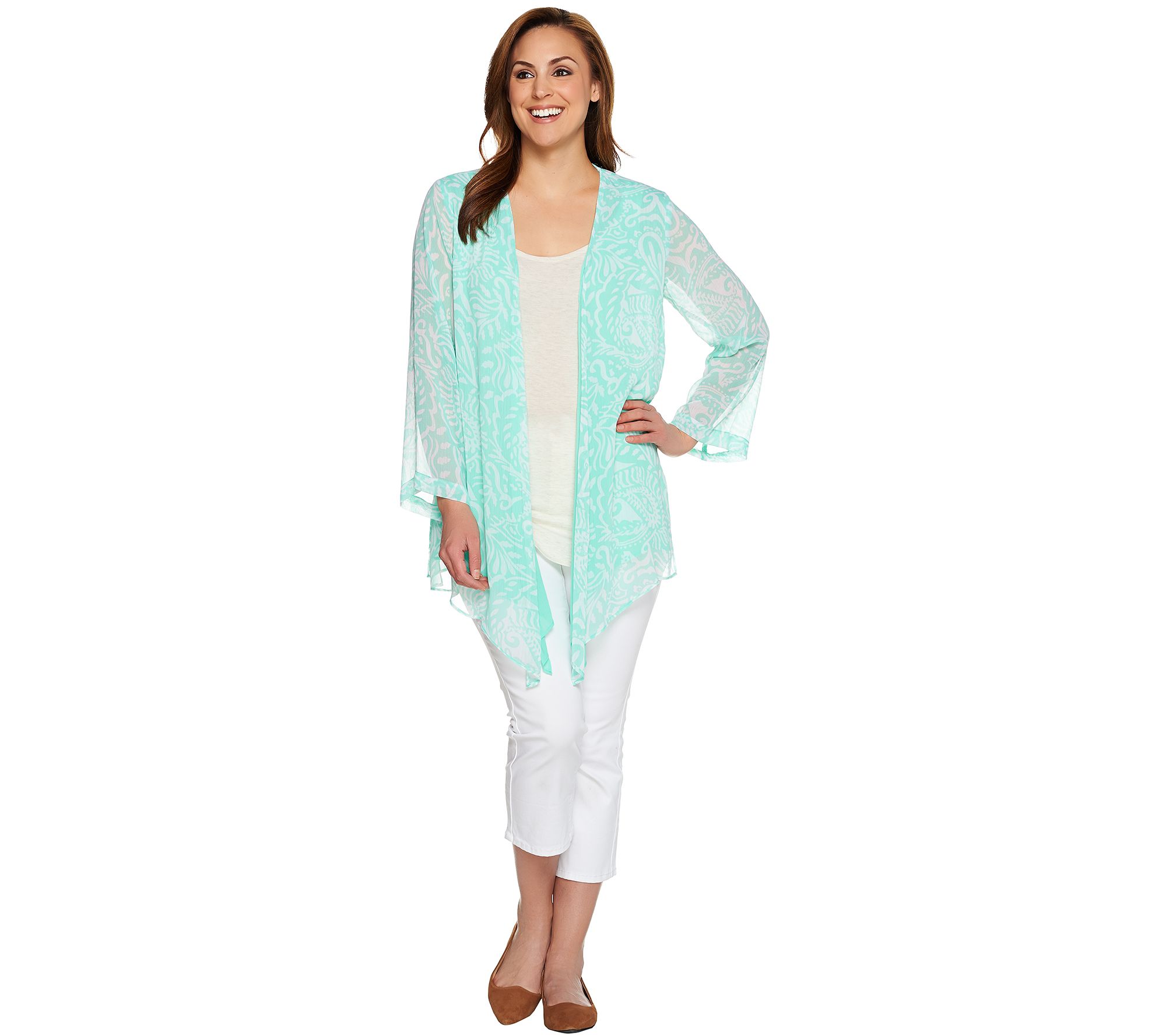 Susan Graver Printed Crinkle Chiffon Cardigan With Solid Layer Page 1