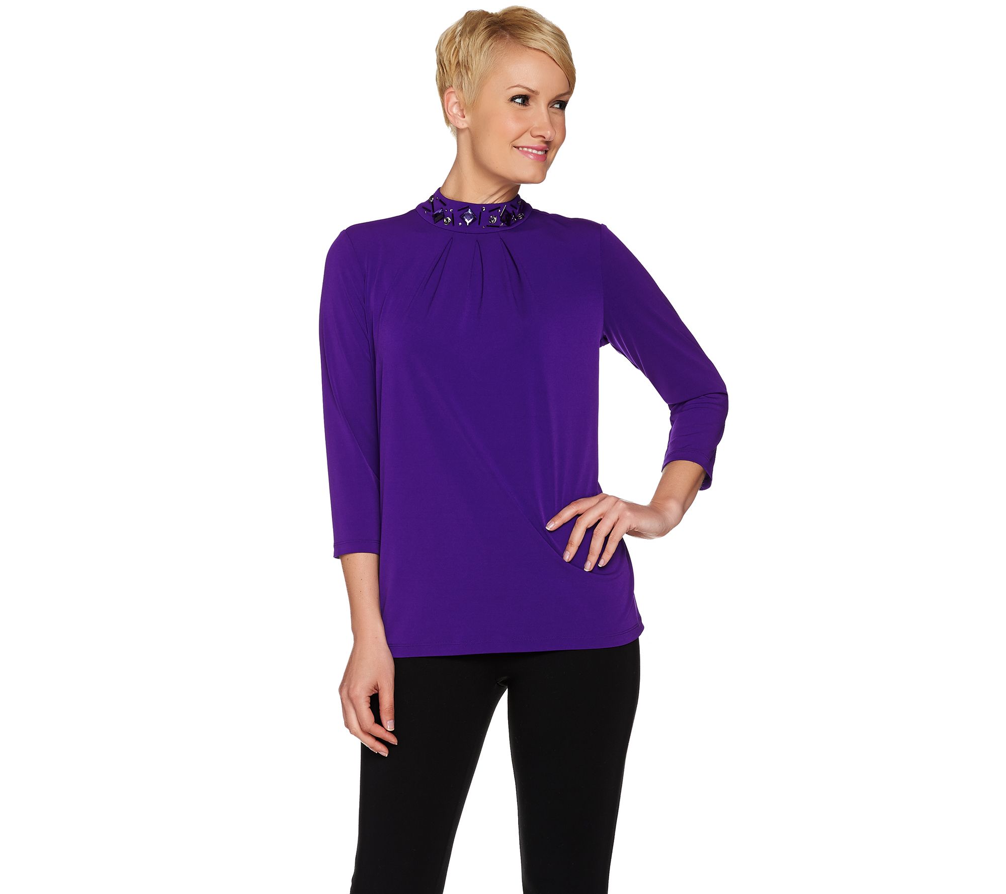 Susan Graver Artisan Liquid Knit Embellished Mock Neck Top Page 1