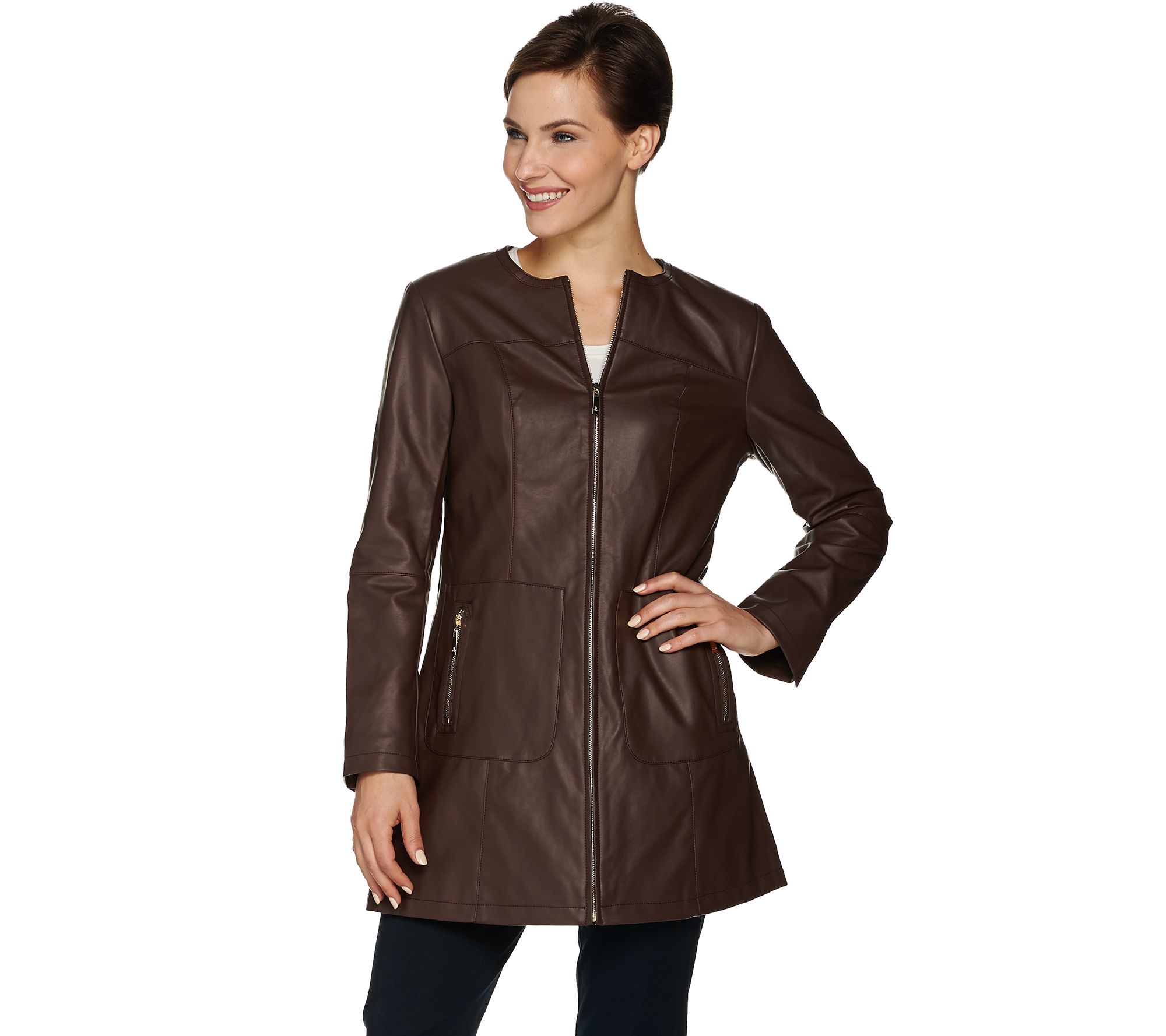 Dennis Basso Faux Leather Zip Front Topper Coat Page 1 —