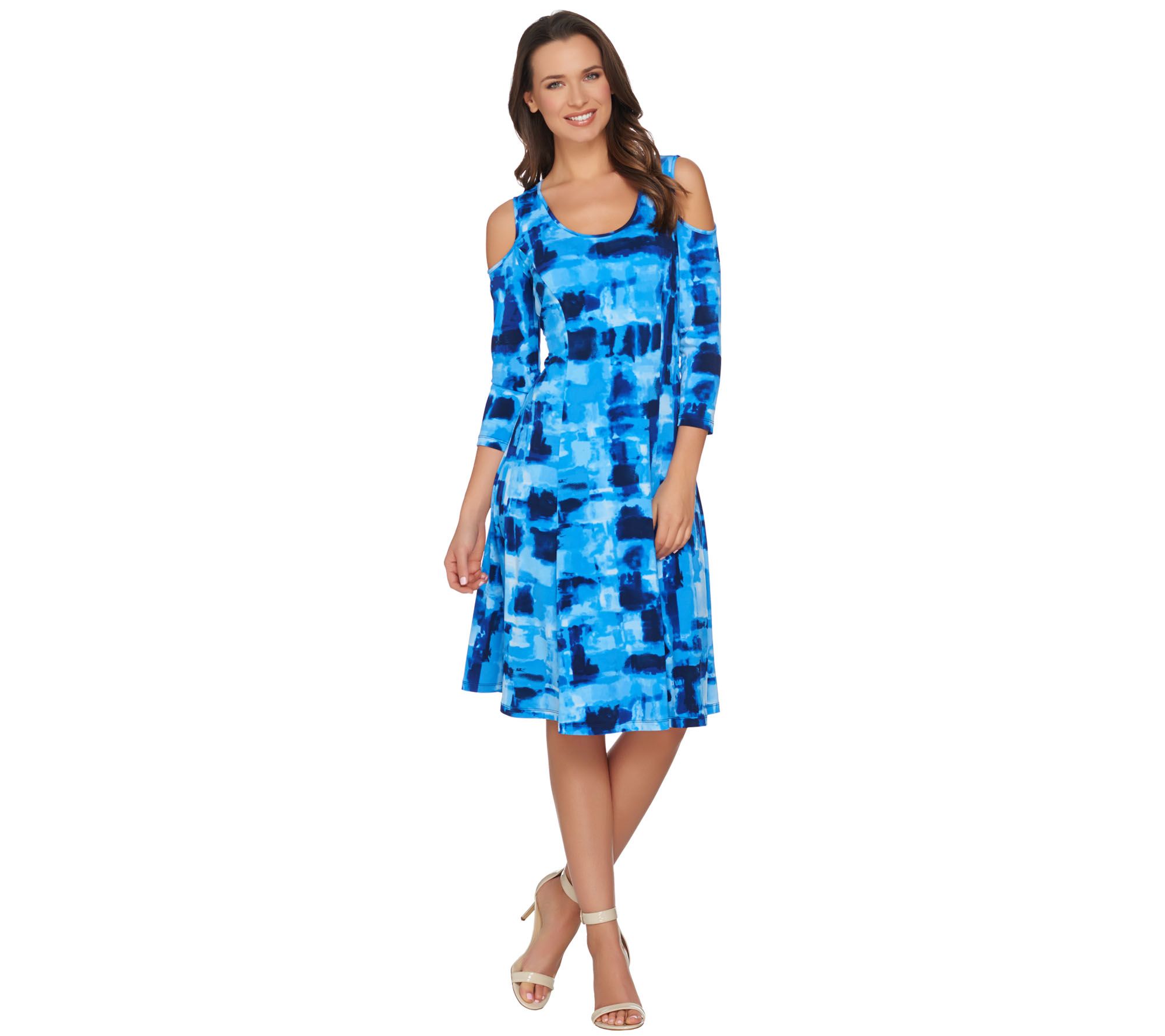 As Is Susan Graver Liquid Knit 3 4 Sleeve Cold Shoulder Dress —