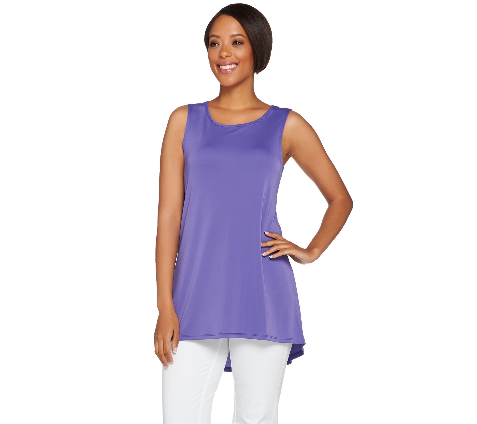 Susan Graver Premier Knit Sleeveless Swing Tunic With Hi Low Hem Page
