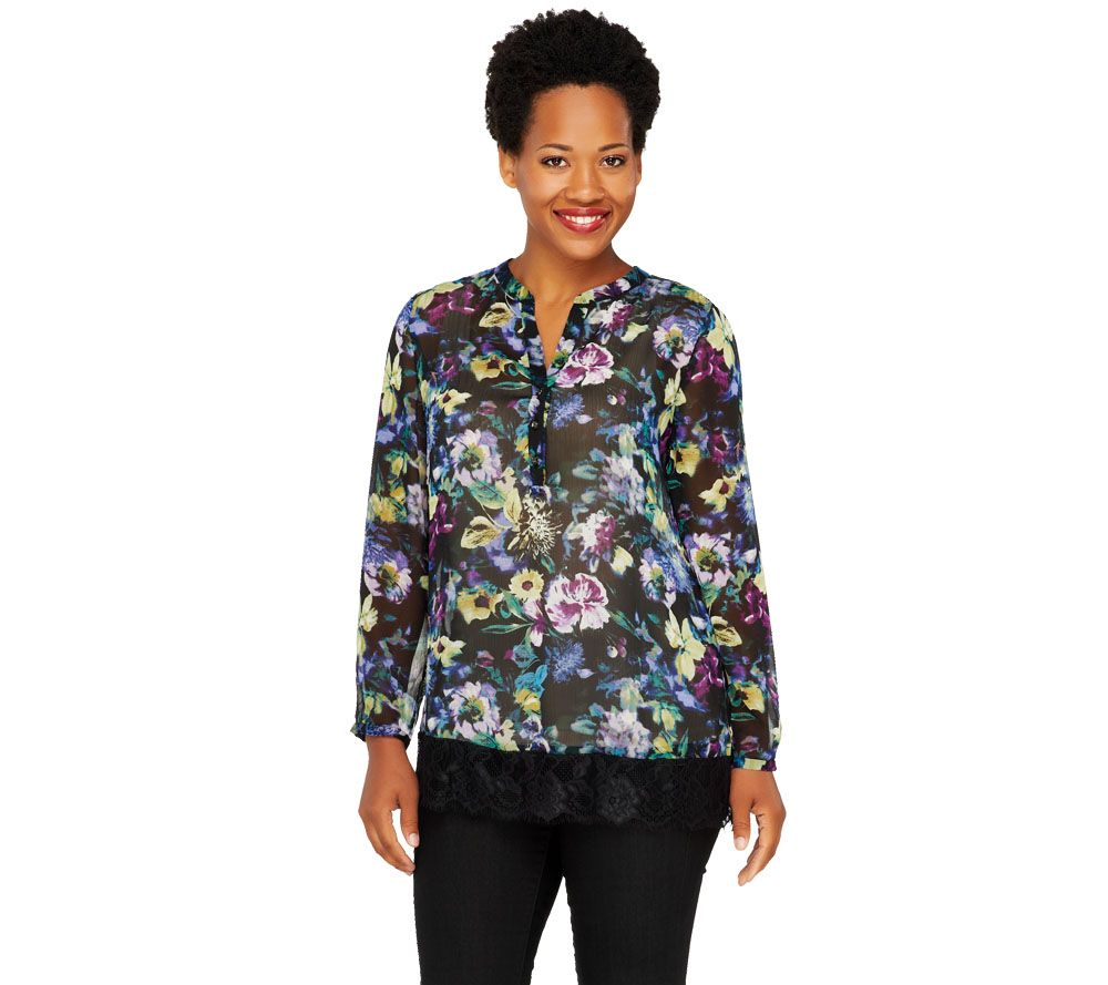 Susan Graver Printed Crinkle Sheer Chiffon Top With Lace Trim Page 1