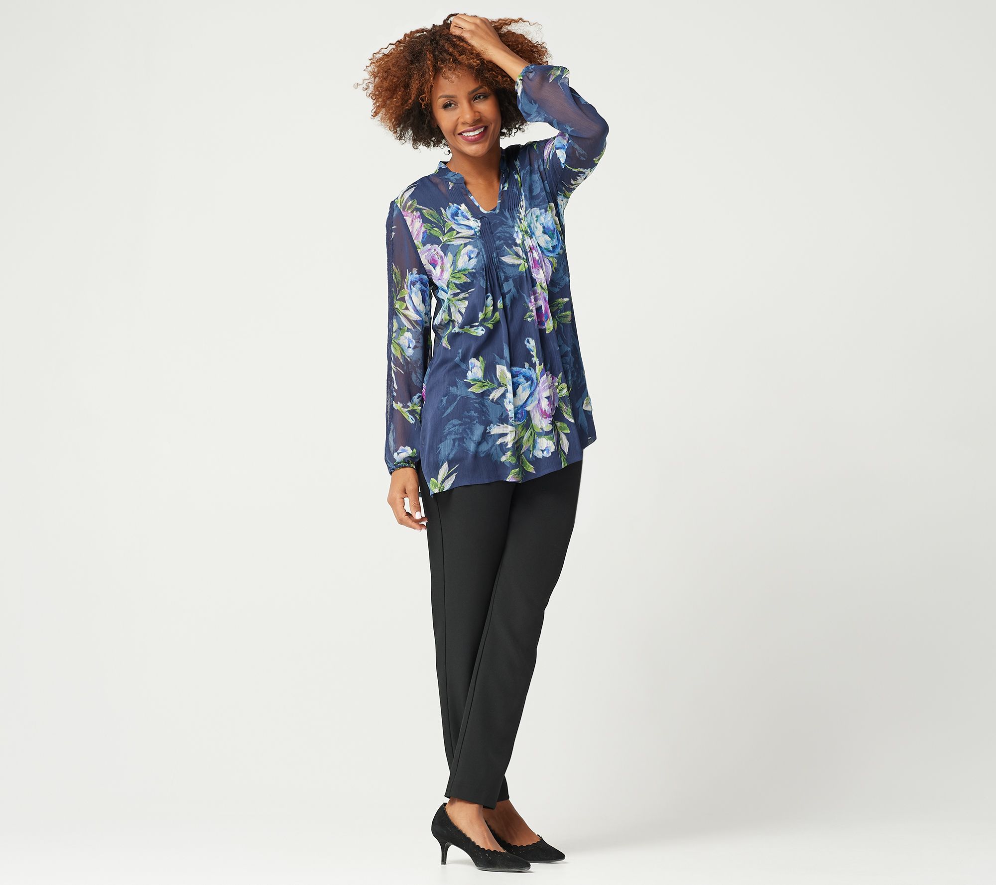 Susan Graver Printed Sheer Chiffon Tunic Set With Lace Trim