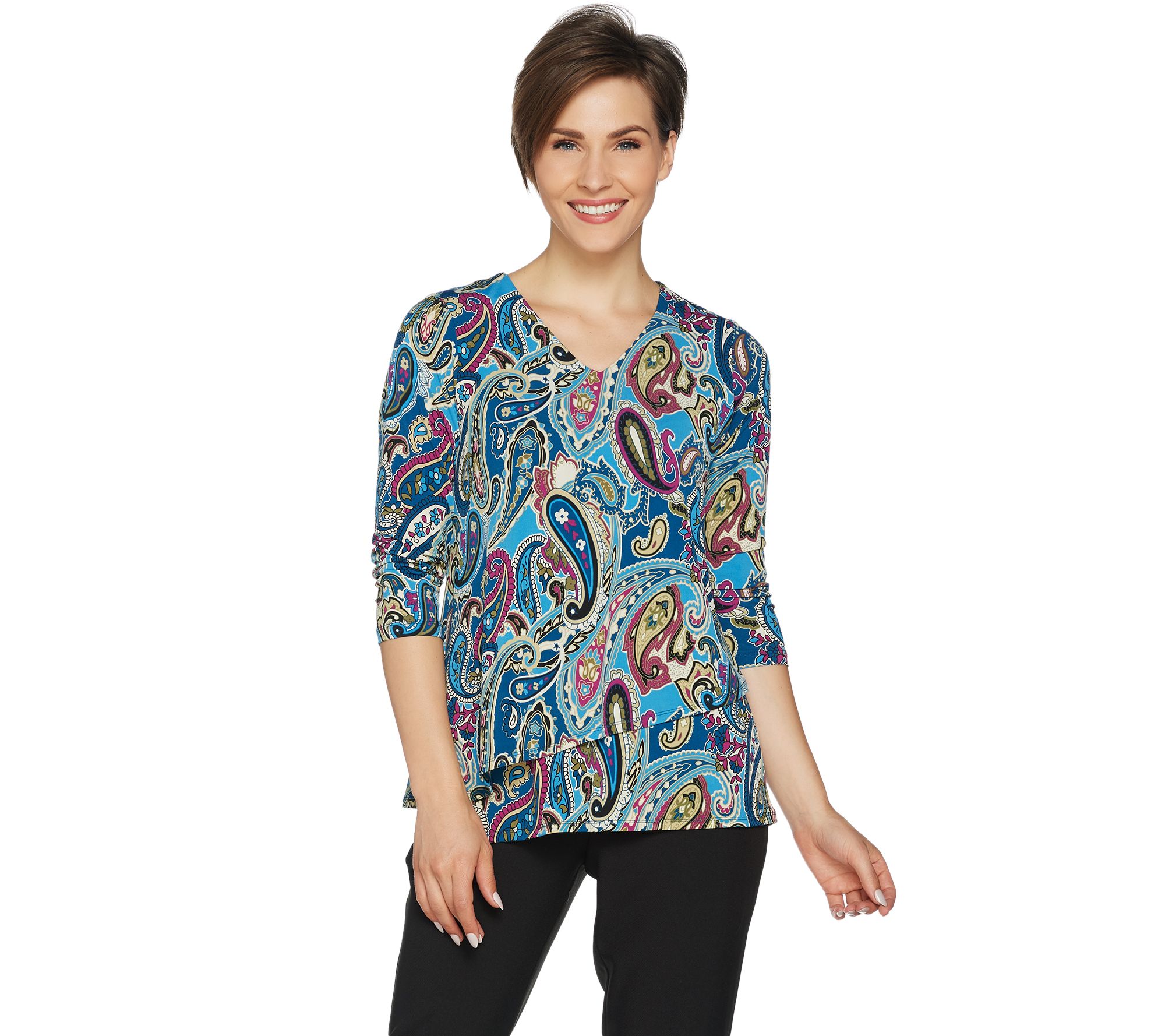 Susan Graver Printed Liquid Knit 3 4 Sleeve Tiered Top Page 1 —