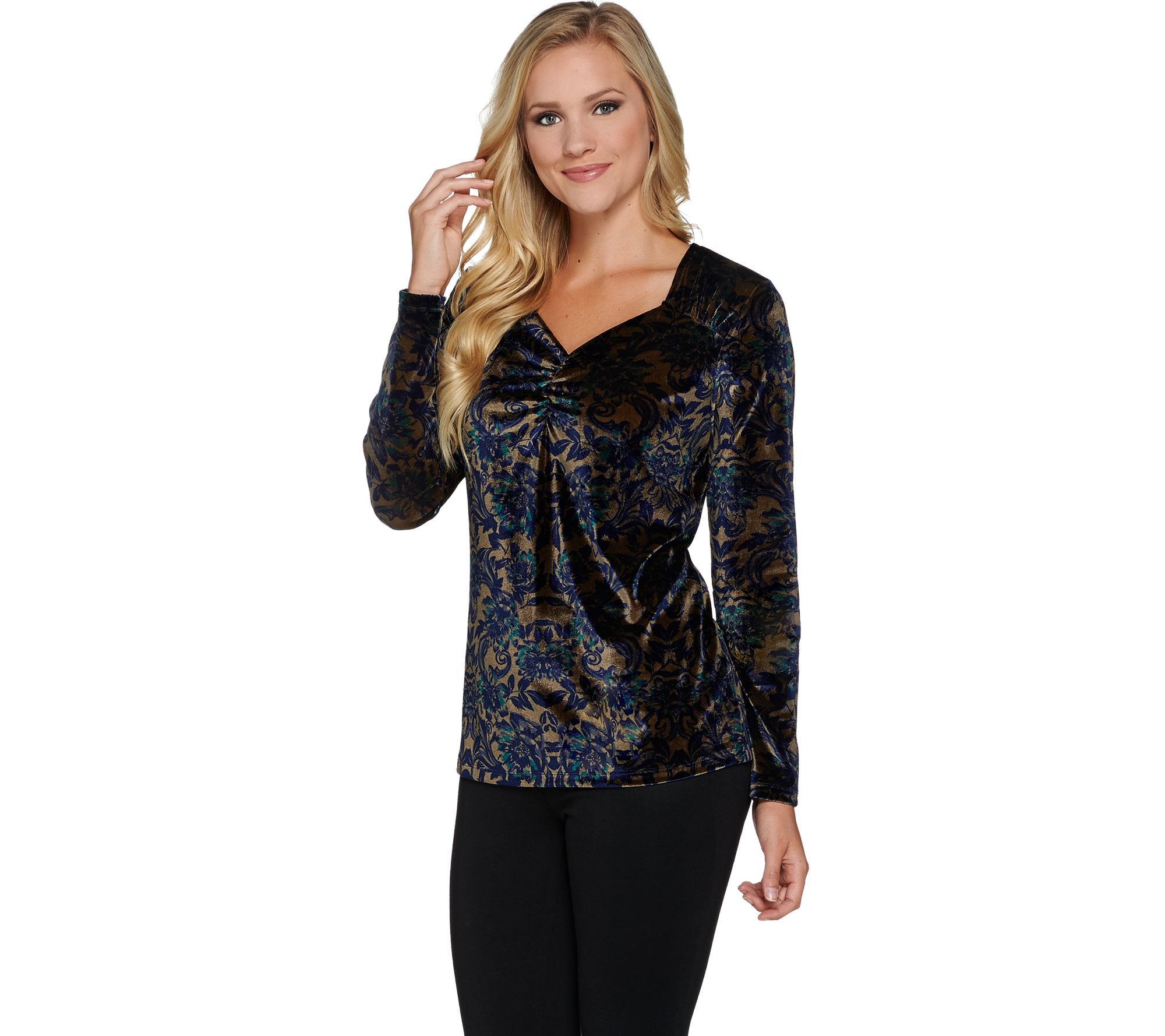 Susan Graver Printed Stretch Velvet Long Sleeve Top - Page 1 — QVC.com