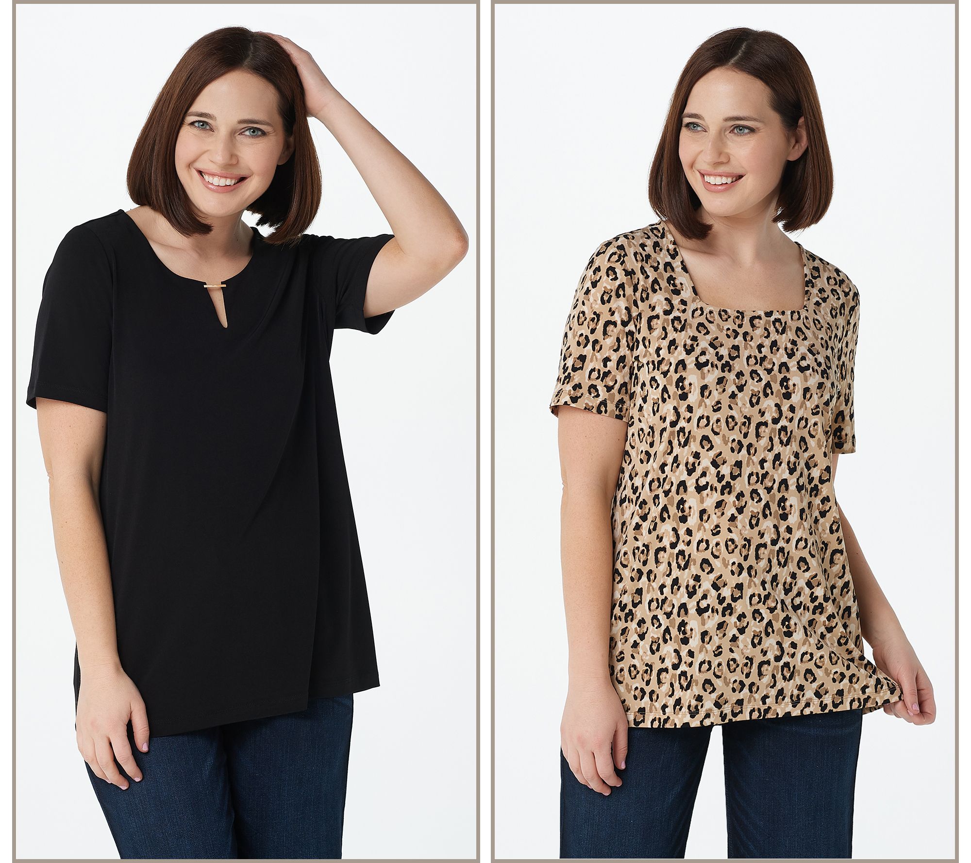 (QVC) Susan Graver Print and Solid Set of 2 Liquid Knit Tops ...