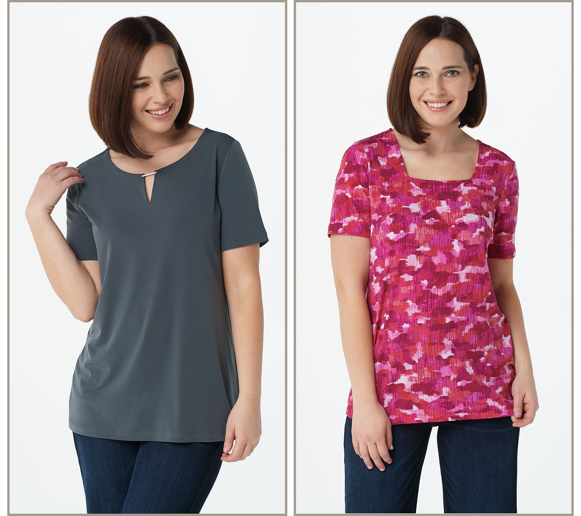 (QVC) Susan Graver Print and Solid Set of 2 Liquid Knit Tops ...