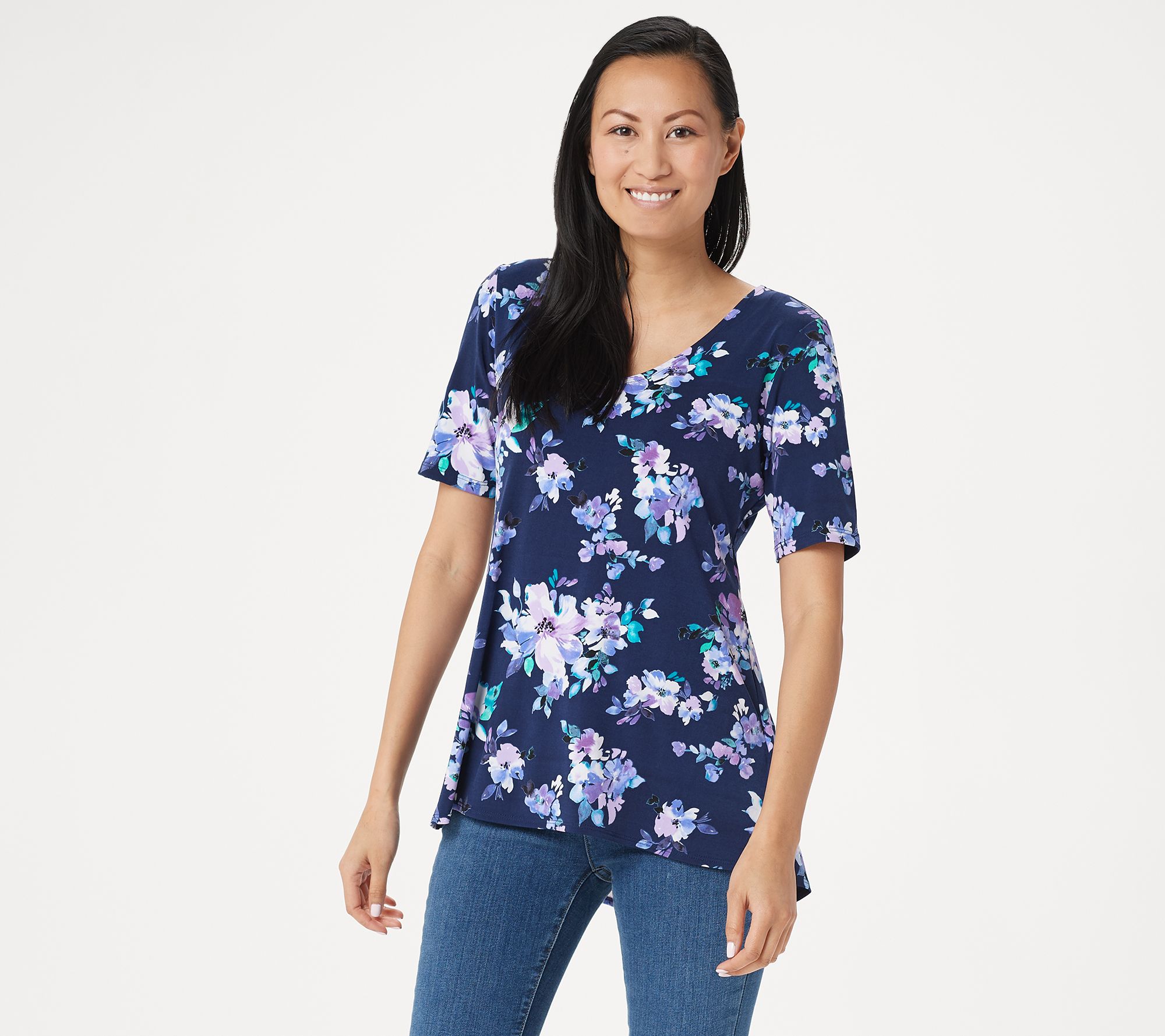 Susan Graver Printed Liquid Knit V-Neck Peplum Tunic - QVC.com