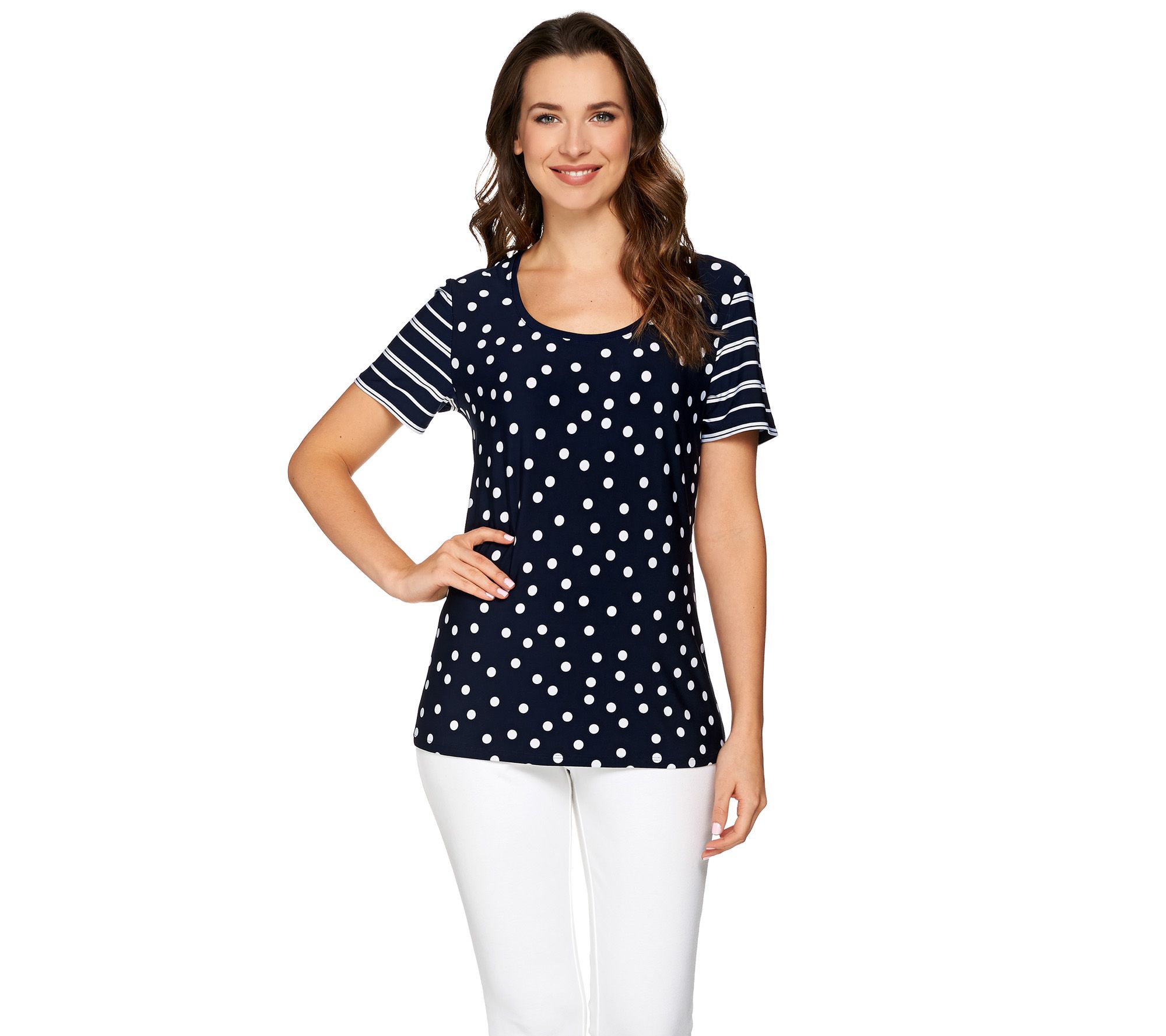 Susan Graver Solid Or Printed Liquid Knit Short Sleeve Top Page 1