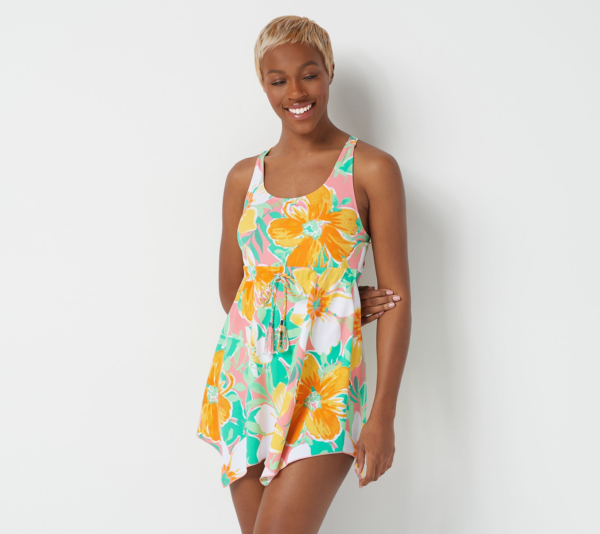 (QVC) Q2 – Denim & Co. Beach Scoop Neck Handkerchief Hem Swim Dress ...