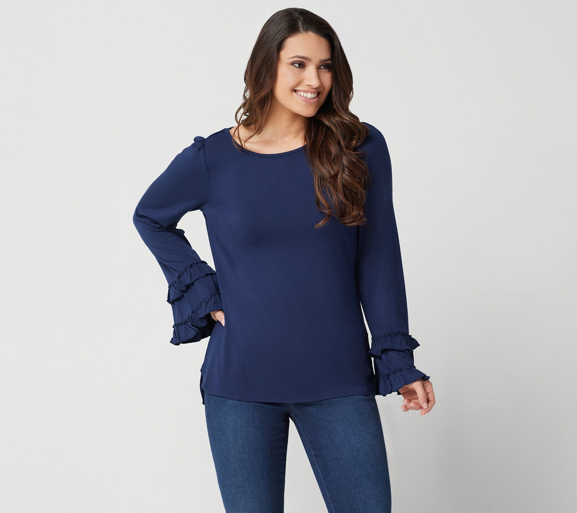 Belle by Kim Gravel Double Ruffle Hi-Low Bell Sleeve Top - Page 1 — QVC.com