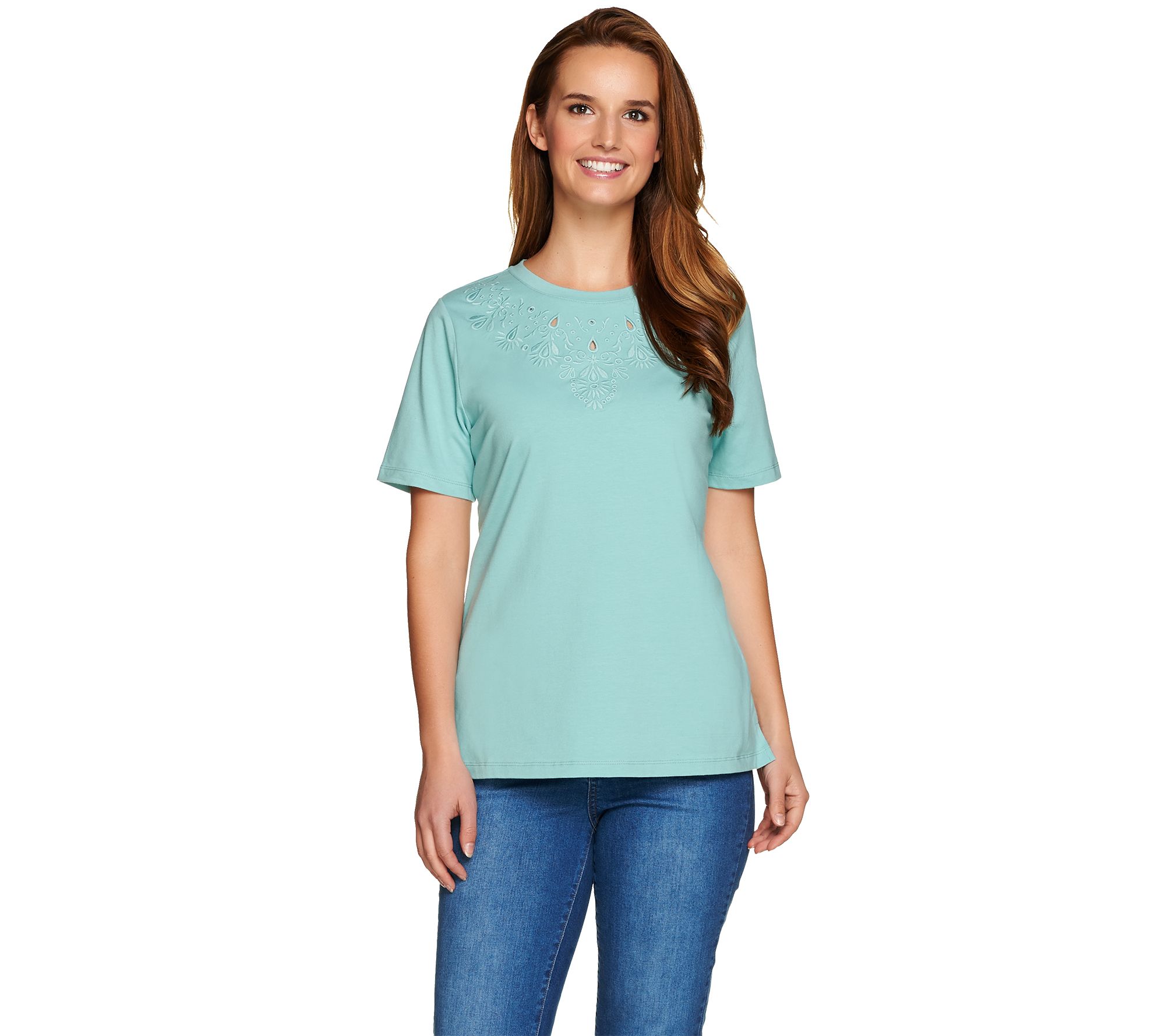 Denim & Co. Crew Neck Short Sleeve Top w. Neckline Embroidery - Page 1 ...