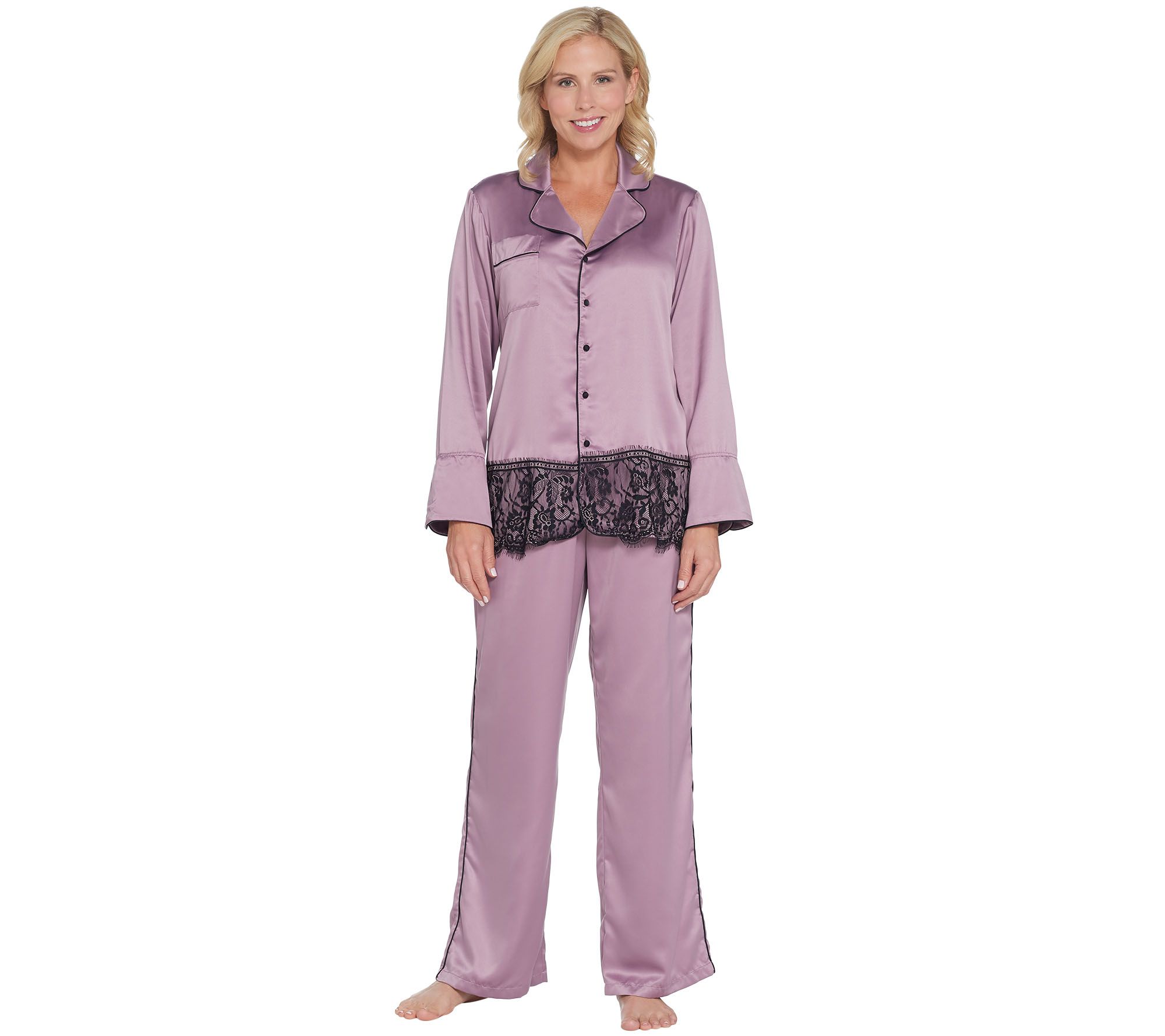 Casa Zeta-Jones Satin Lace 2-Piece Pajama Set — QVC.com
