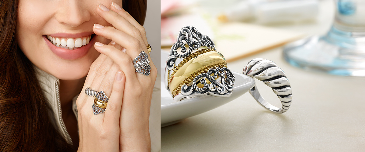 (QVC) Carolyn Pollack Sterling Brass Signature Design Ring Set ...